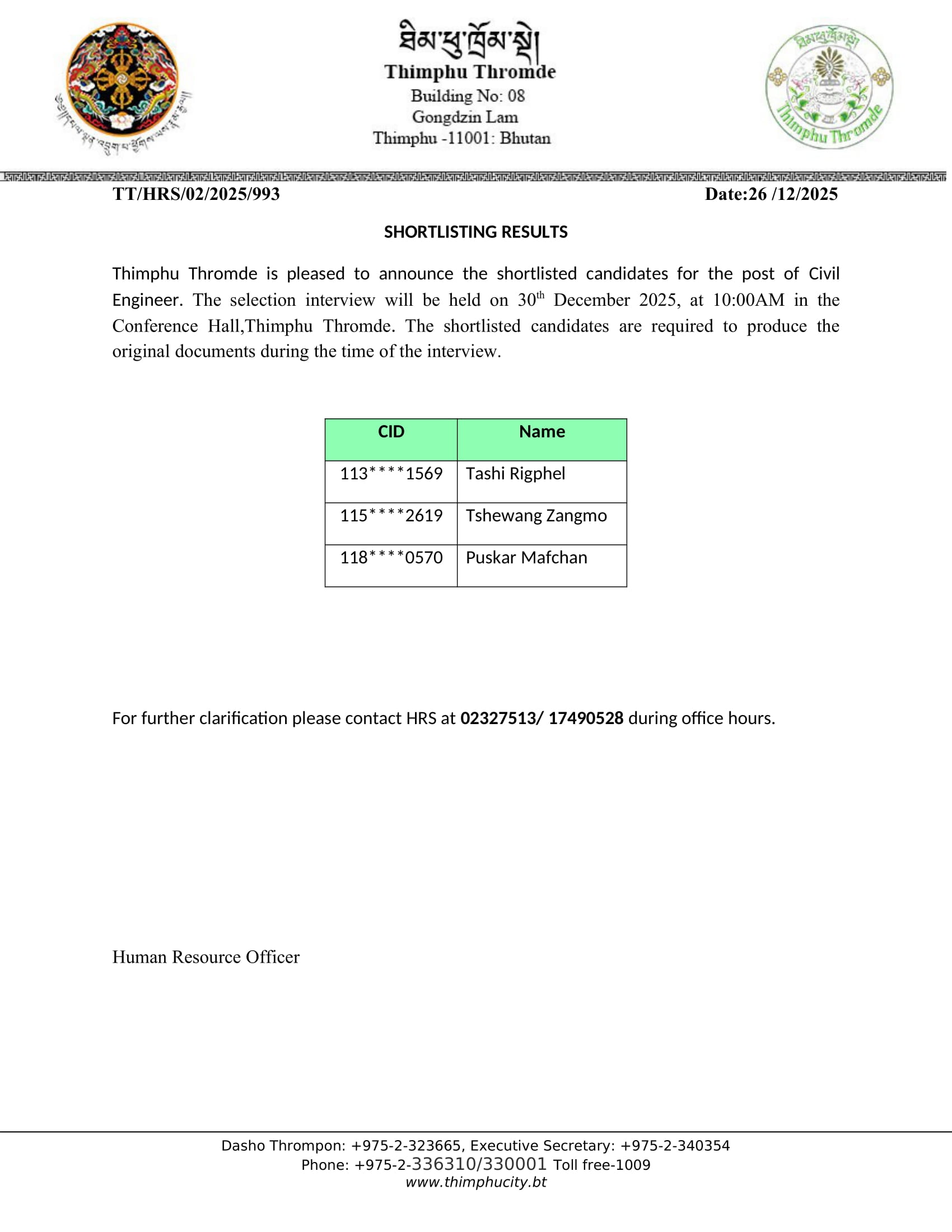 Shortlisting Results – Thimphu Thromde