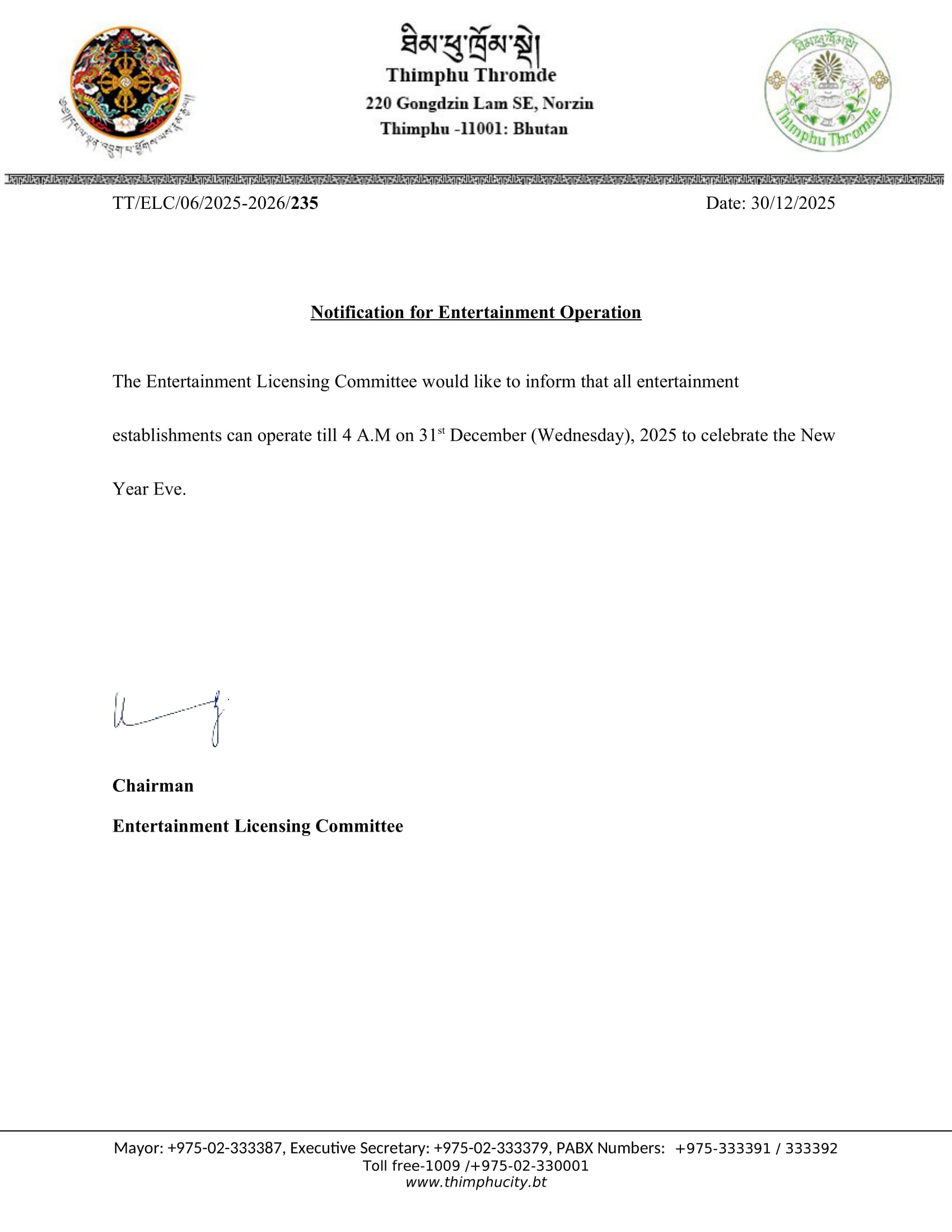 Notification for Entertainment Operation on 31st December – Thimphu Thromde